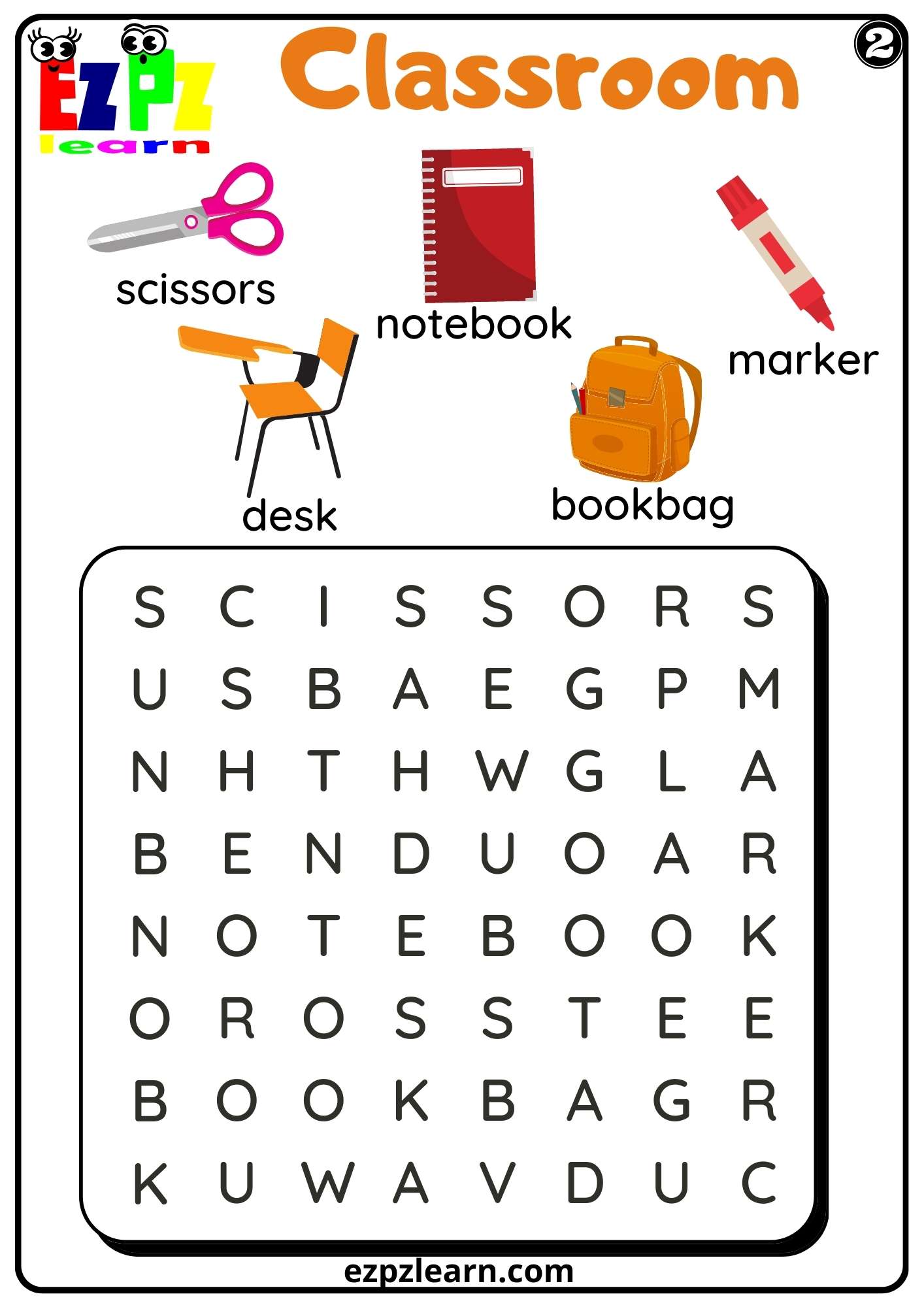 Classroom Word Search Worksheet Set 2 For Kids - Ezpzlearn.com Classroom Word Search Worksheet Set 2 For Kids - Ezpzlearn.com